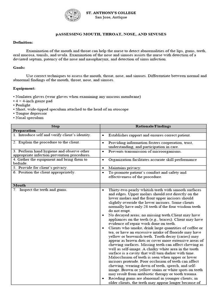 Assessing Mouth Throat Nose And Sinuses Pdf