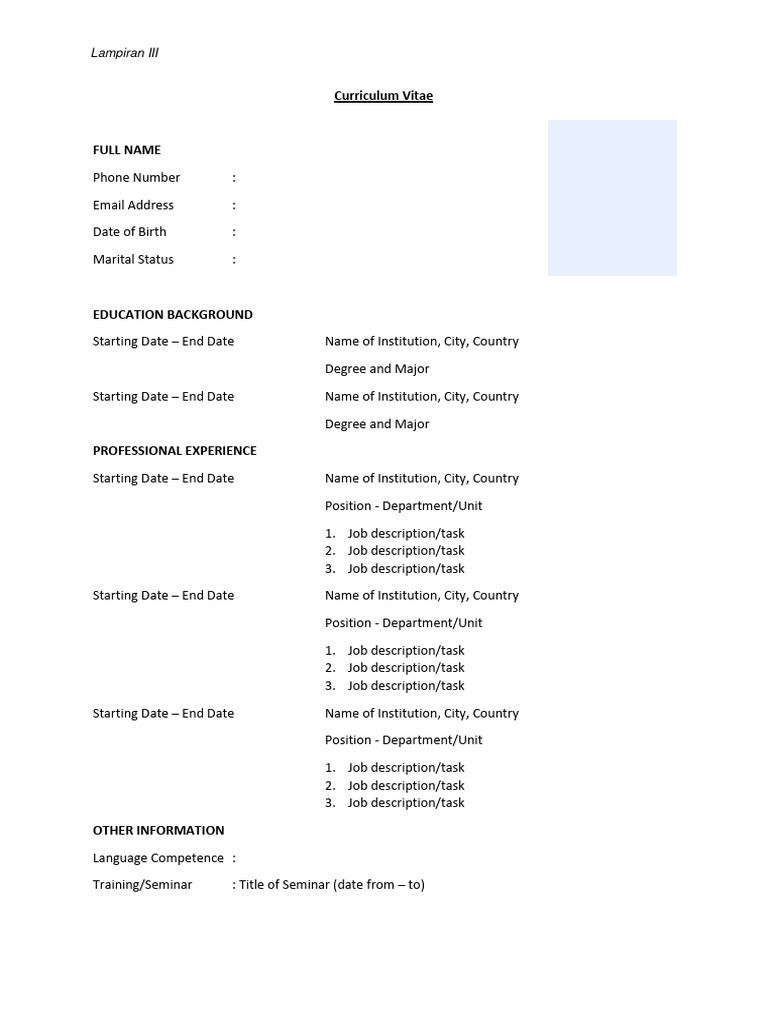 Lampiran III Draft CV Template - Recruitment | PDF