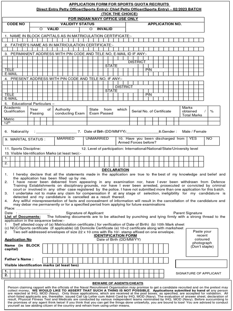 Navy Sports Quota Vacancy 2023 Application Form | PDF | Sports | Pregnancy