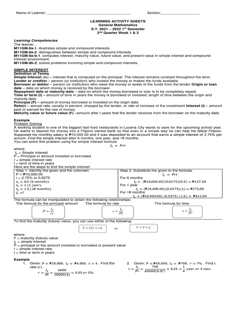 Learning Activity Sheet q2w1-2 | PDF | Interest | Compound Interest