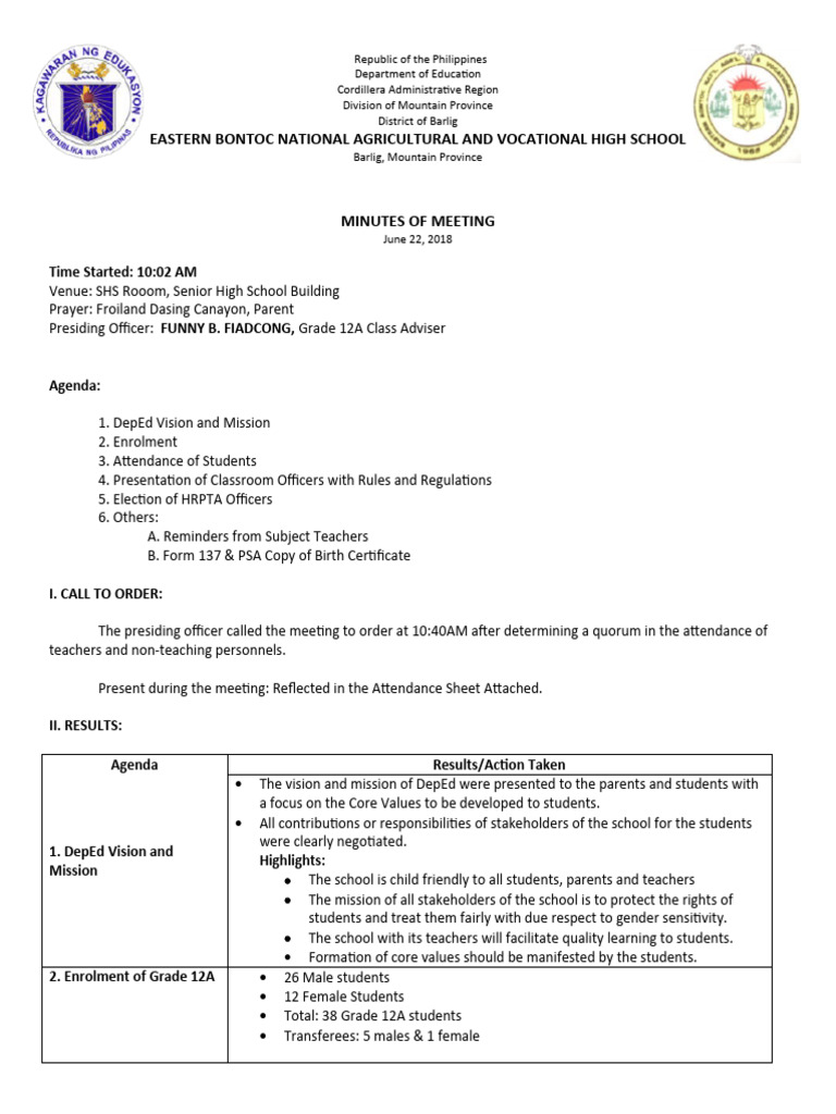 2018-2019 HPTA Minutes of Meeting | PDF | Teachers | Behavior Modification