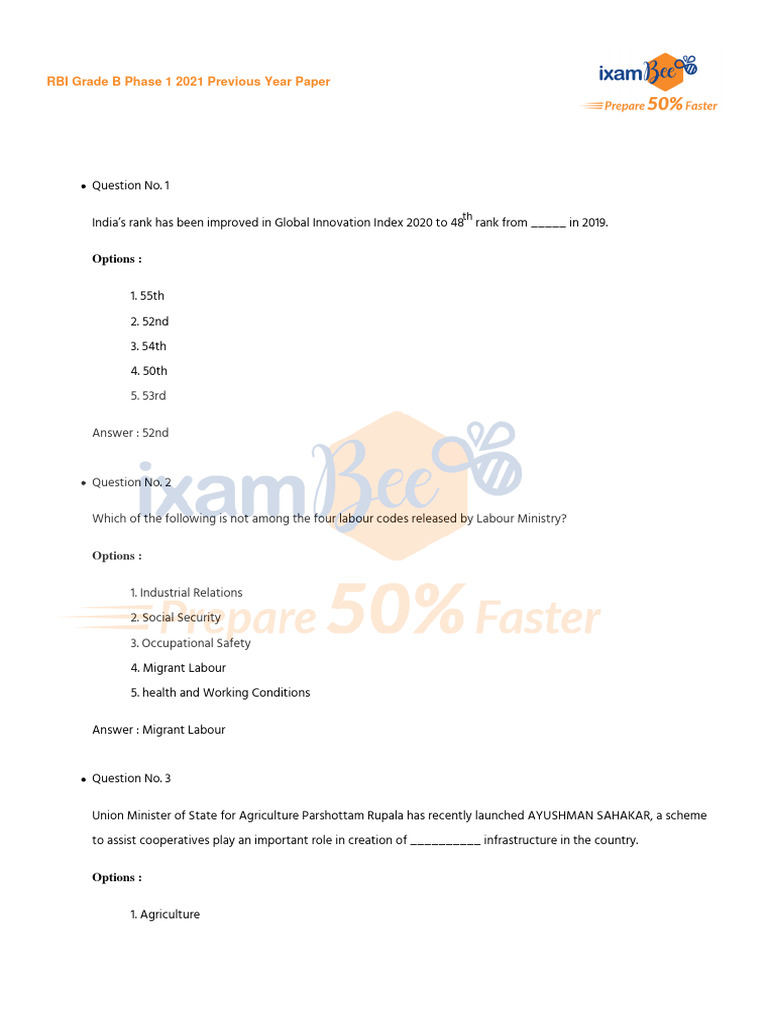 RBI Grade B Phase 1 2021 Previous Year Paper | PDF