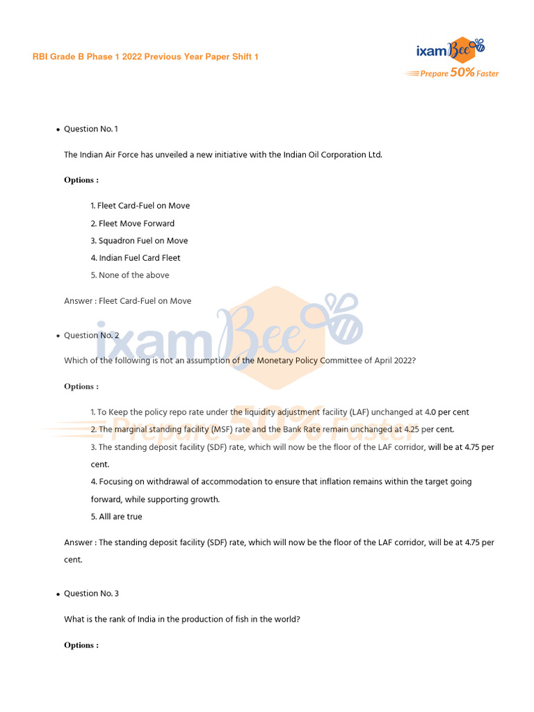 RBI Grade B Phase 1 2022 Previous Year Paper Shift 1 | Download Free ...