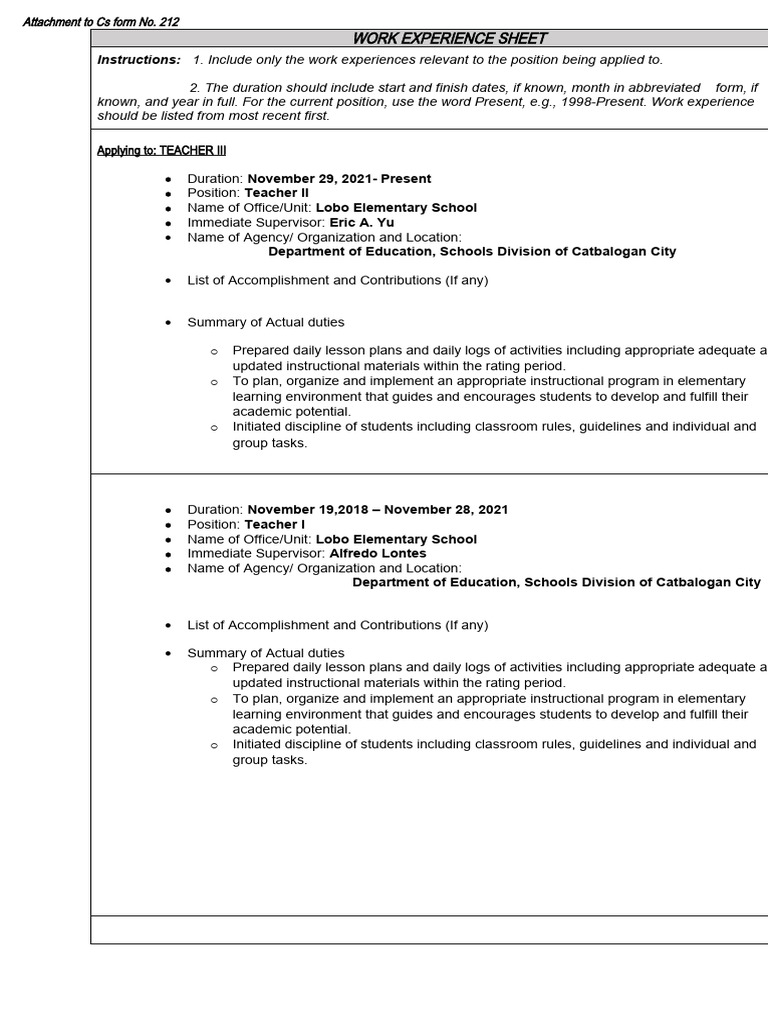 CS Form 212 Attachment Work Experience Sheet GABS Save As | PDF ...