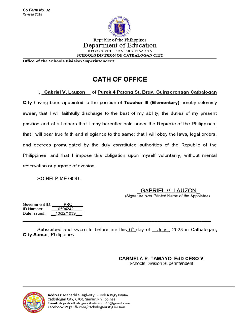 Oath of Office Elementary Teacher 2 1 Save As | PDF
