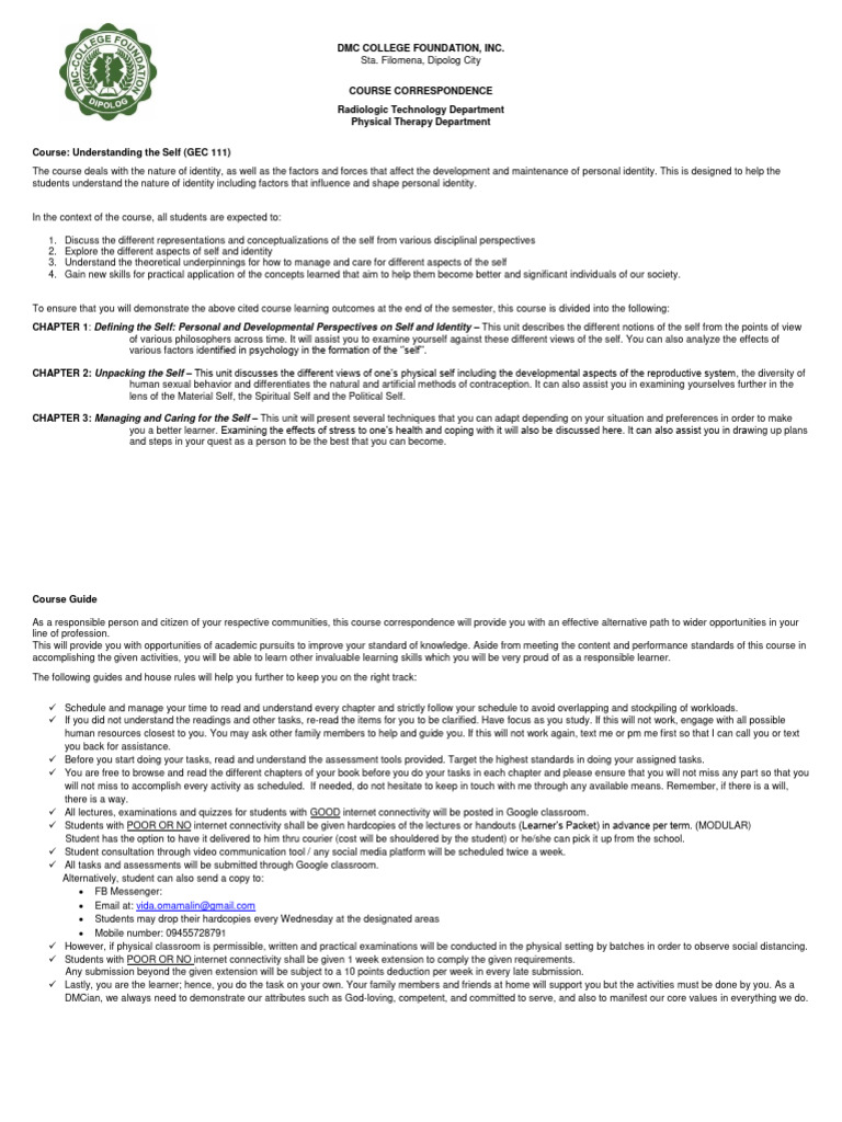 GEC 111 (BSRT BSPT) CouCor SY 2020-2021 | PDF | Identity (Social Science) | Self