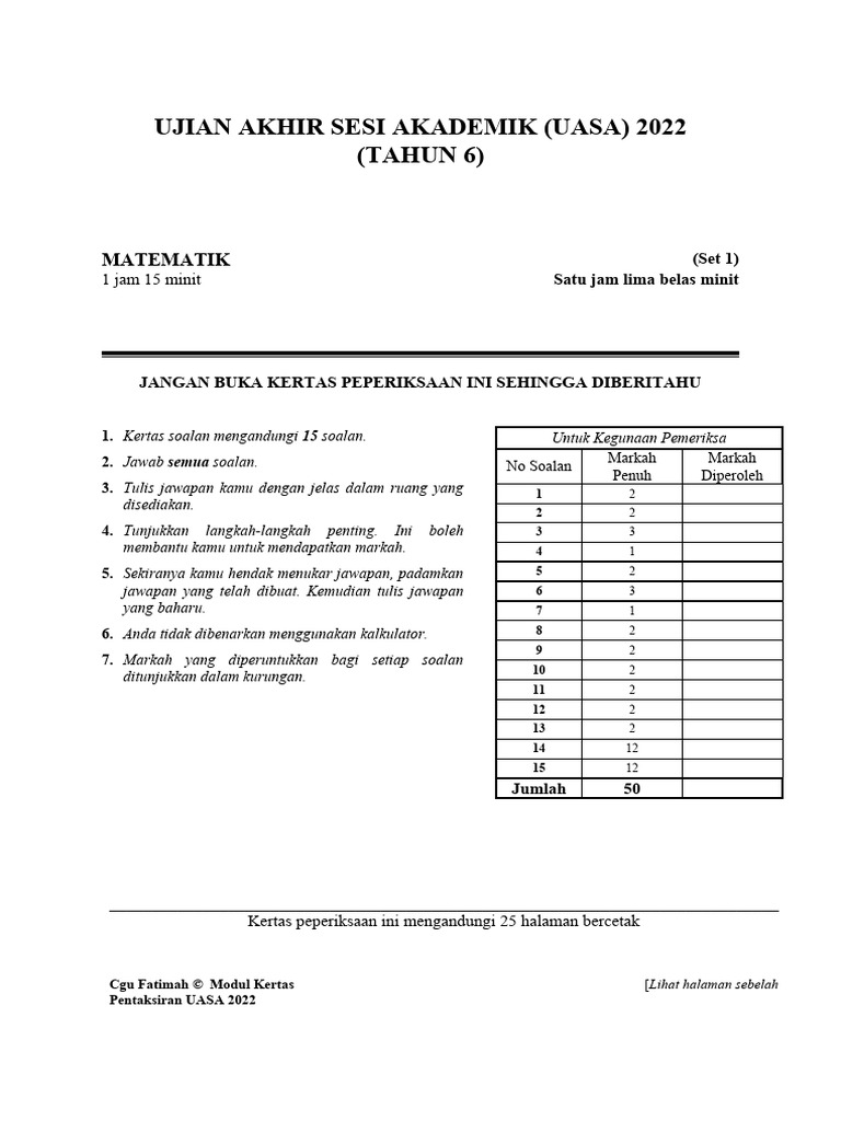 03 - UASA Matematik Y6 (Set 1) | PDF