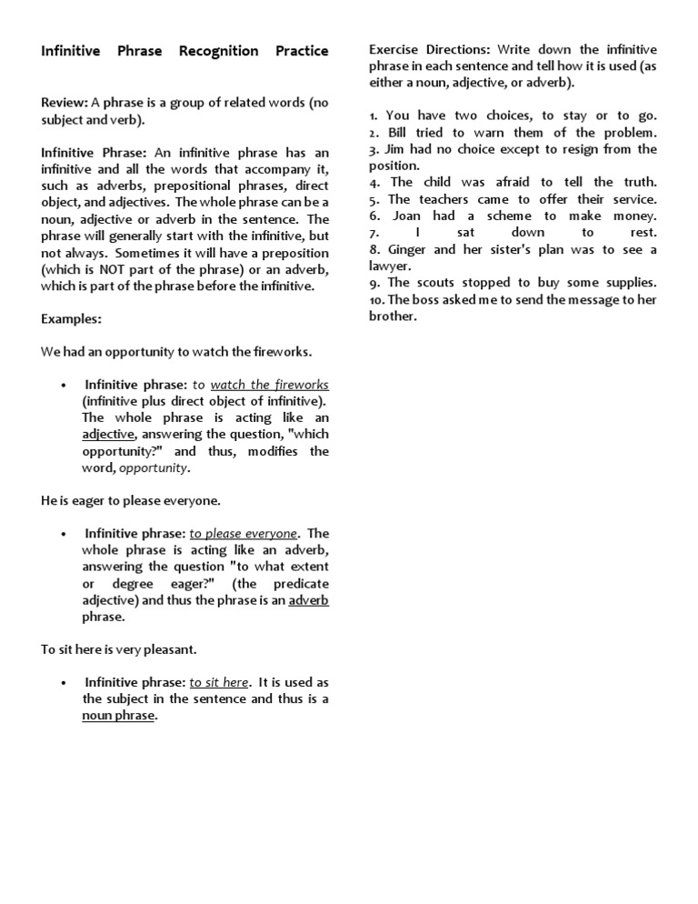 Infinitive Phrase Practice Guide | PDF | Foreign Language Studies