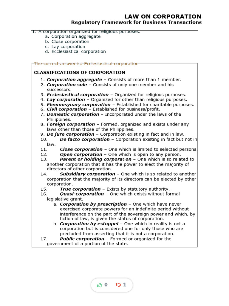 Law On Corporations Test Bank With Revised Corporate Code References ... Law On Corporations Test Bank With Revised Corporate Code References ...