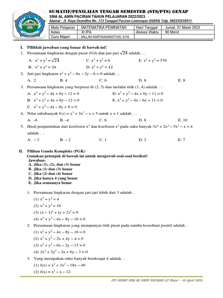 PTS Genap Matematika Peminatan 11 Ipa | PDF