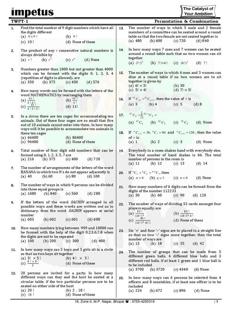 TWPT - Permutation & Combinations - 01 - (04092023) - 22619518 - 2023 ... TWPT - Permutation & Combinations - 01 - (04092023) - 22619518 - 2023 ...