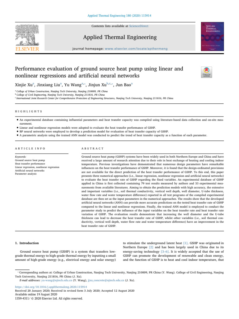 Performance Evaluation of Ground Source Heat Pump Using Linear and Nonlinear Regressions and ...