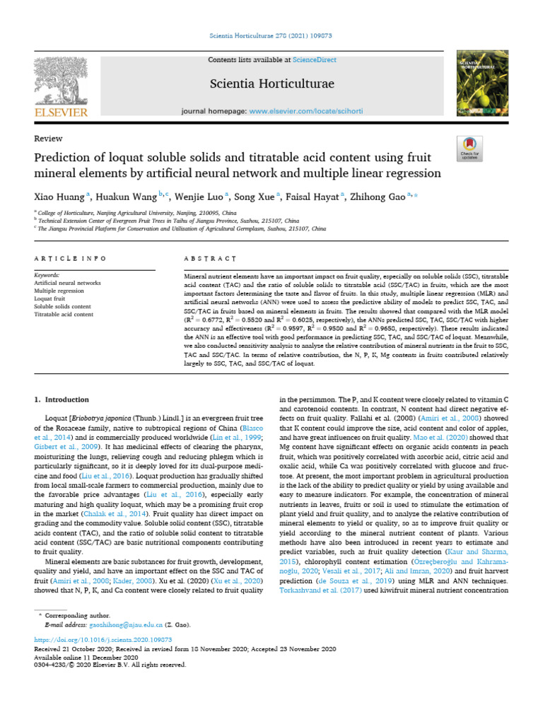 Prediction of Loquat Soluble Solids and Titratable Acid Content Using ...