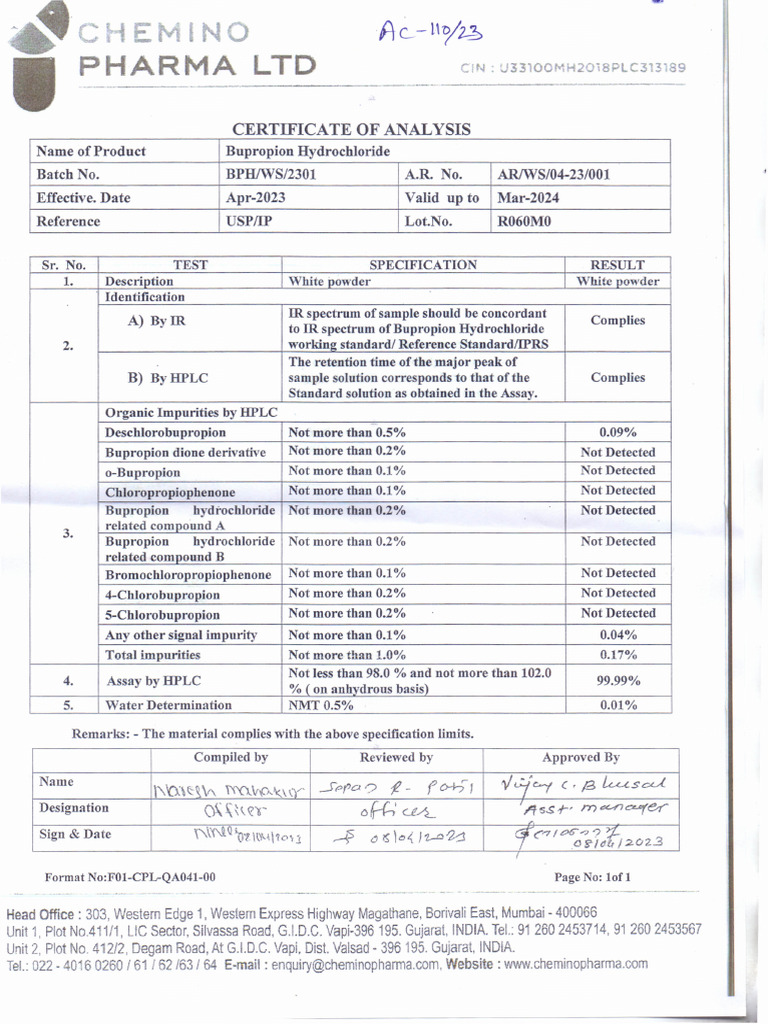 Bupropion HCL - (SP-WS-COA) - (BPH - WS - 2301) - Chemino | PDF | Science | Analysis