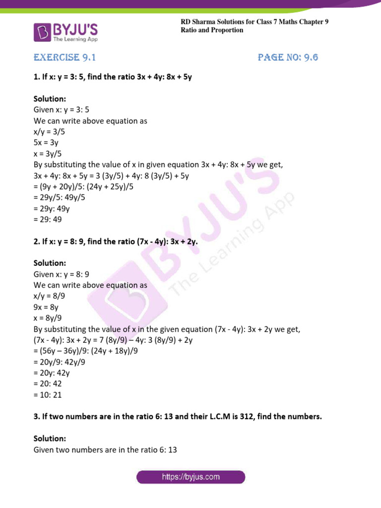 RD Sharma Jan2021 Maths Solution Class 7 Chapter 9 Ex 9.1 | PDF | Ratio | Mathematical Objects