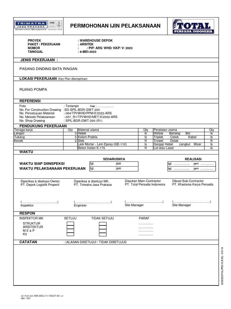 Ijin PS Bata Ruang Pompa | PDF