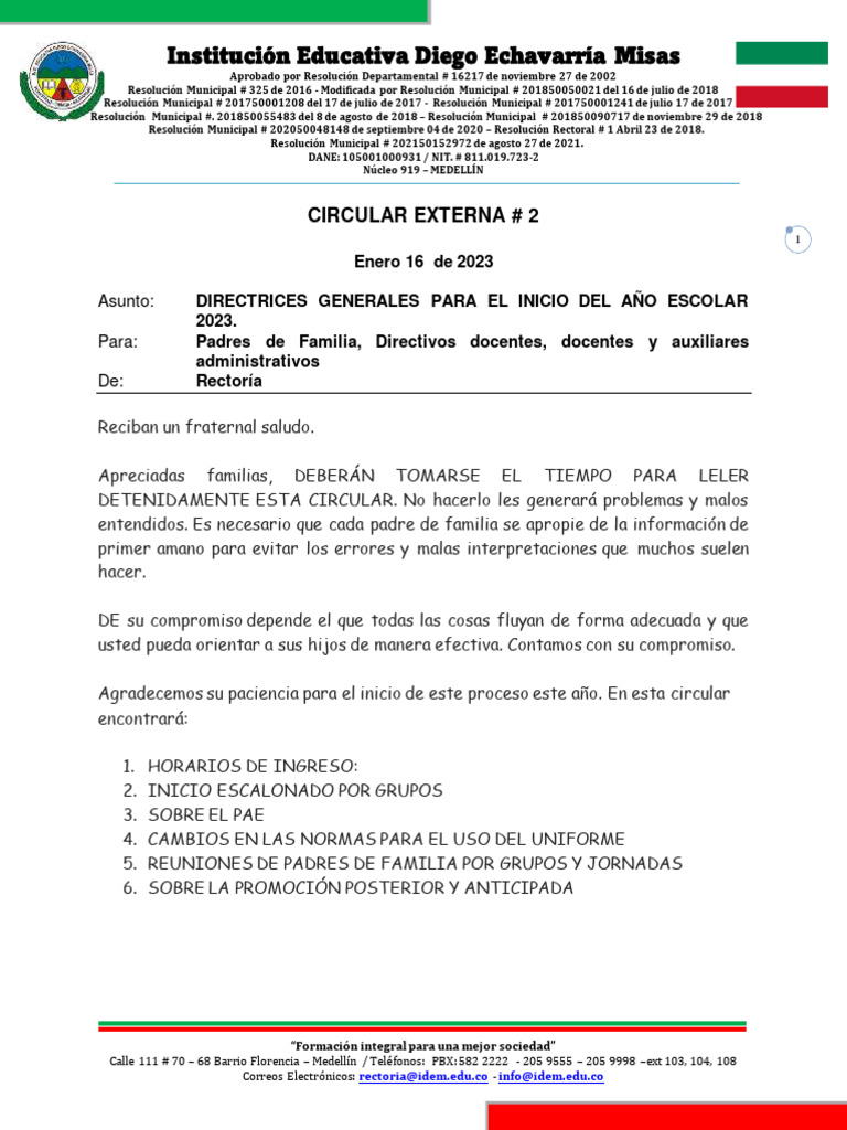 Circular Externa #2 - Inicio Del Año Escolar - Direct Grales | PDF | Ropa | Moda