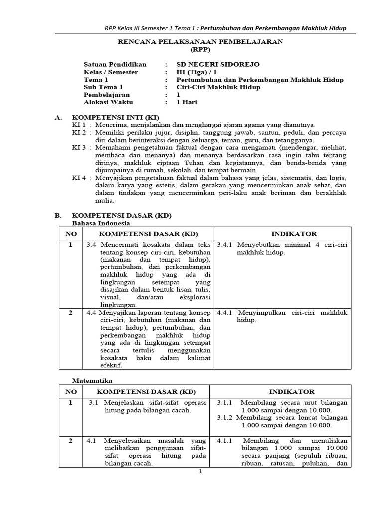 RPP Kelas 3 Tema 1 Subtema 1 | PDF