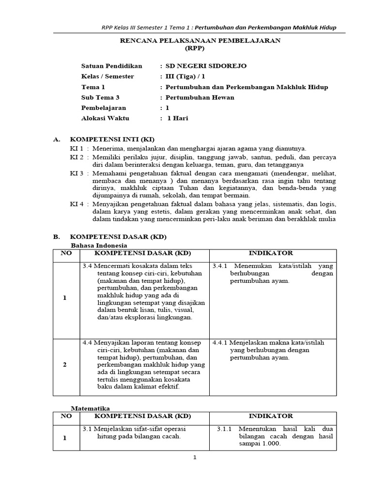 RPP Kelas 3 Tema 1 Subtema 3 | PDF
