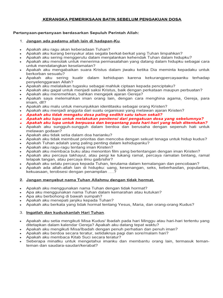 Kerangka Pemeriksaan Batin Sebelum Pengakuan Dosa | PDF