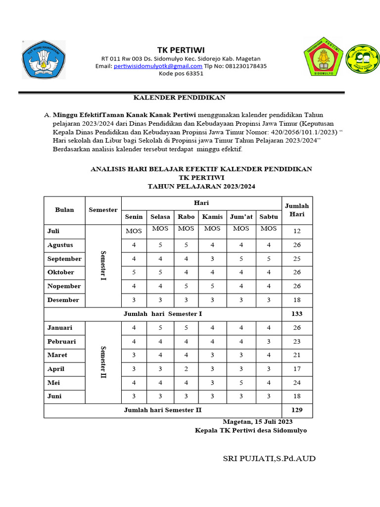 Kalender Kegiatan Dan Kalender Pendidikan TK PDSM SMT I Dan 2 THN 2023 ...