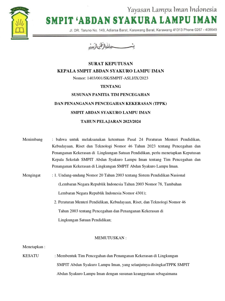 SK Pembentukan TPPK SMPIT Abdan Syakuro | PDF | Karier & Perkembangan