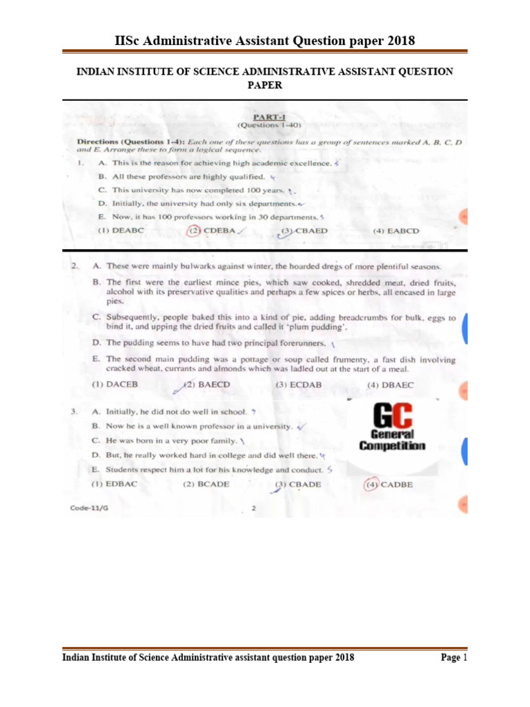IISc Question Paper Asst Office | PDF