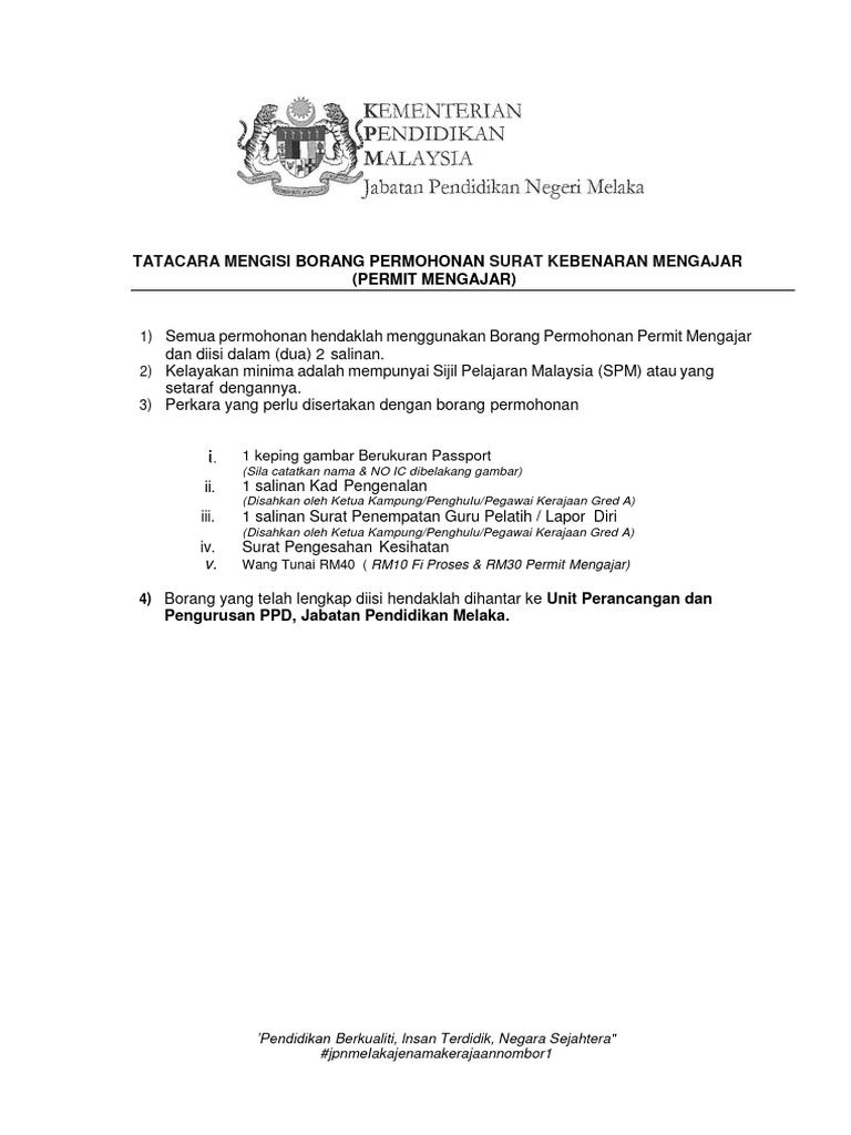 JPN - Melaka (Borang Permit) | PDF