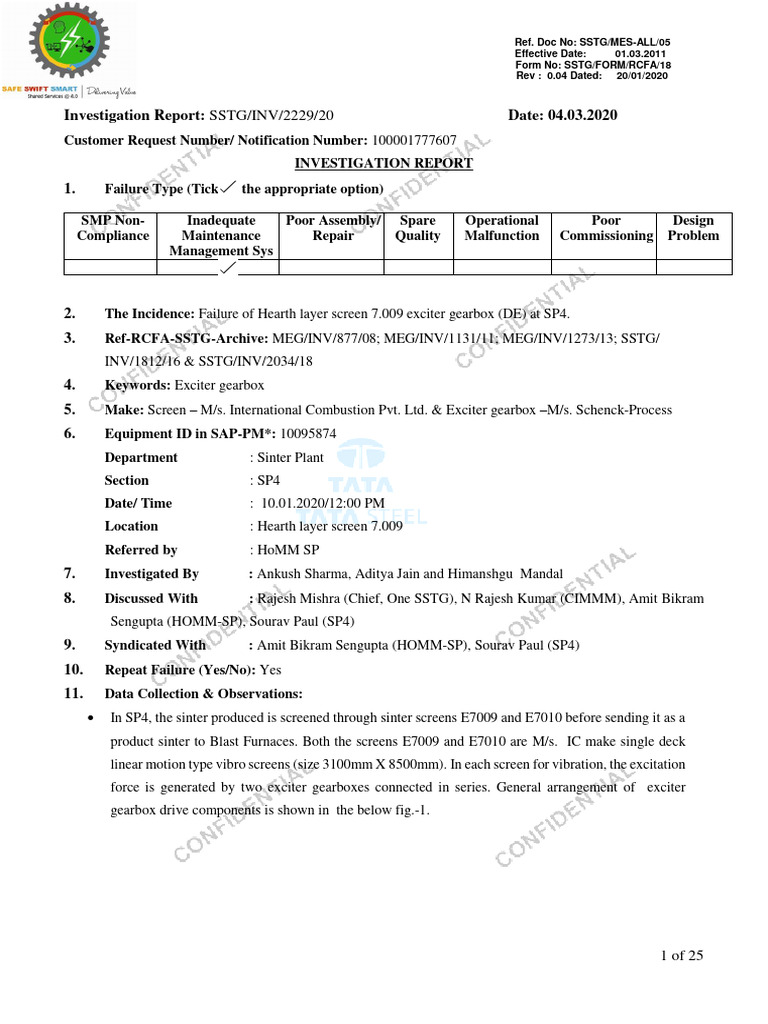 INV - 2229 Failure of Exciter Gearbox (DF601V) of Sinter Screens at SP4 ...