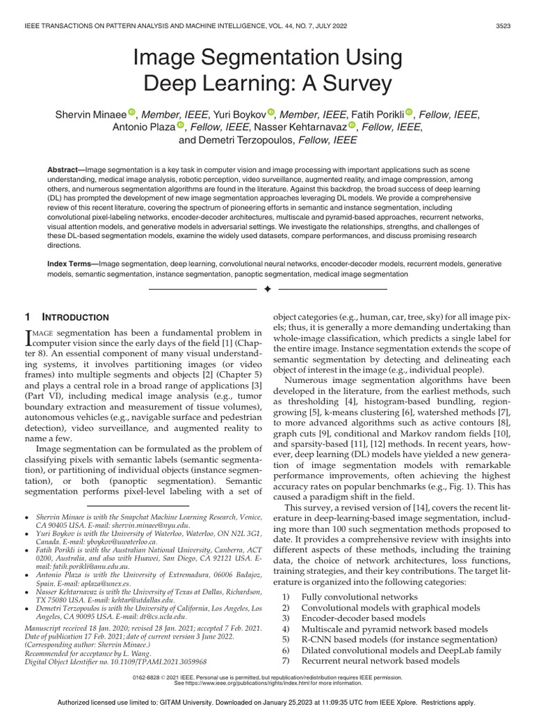 Image Segmentation Using Deep Learning A Survey | PDF | Image Segmentation | Deep Learning