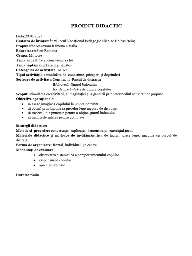 Proiect Didactic | PDF