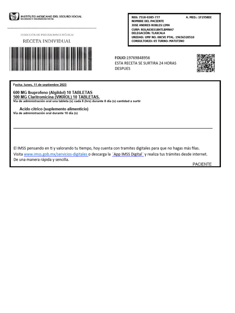 Receta médica IMSS: Ibuprofeno y VIKROL | PDF