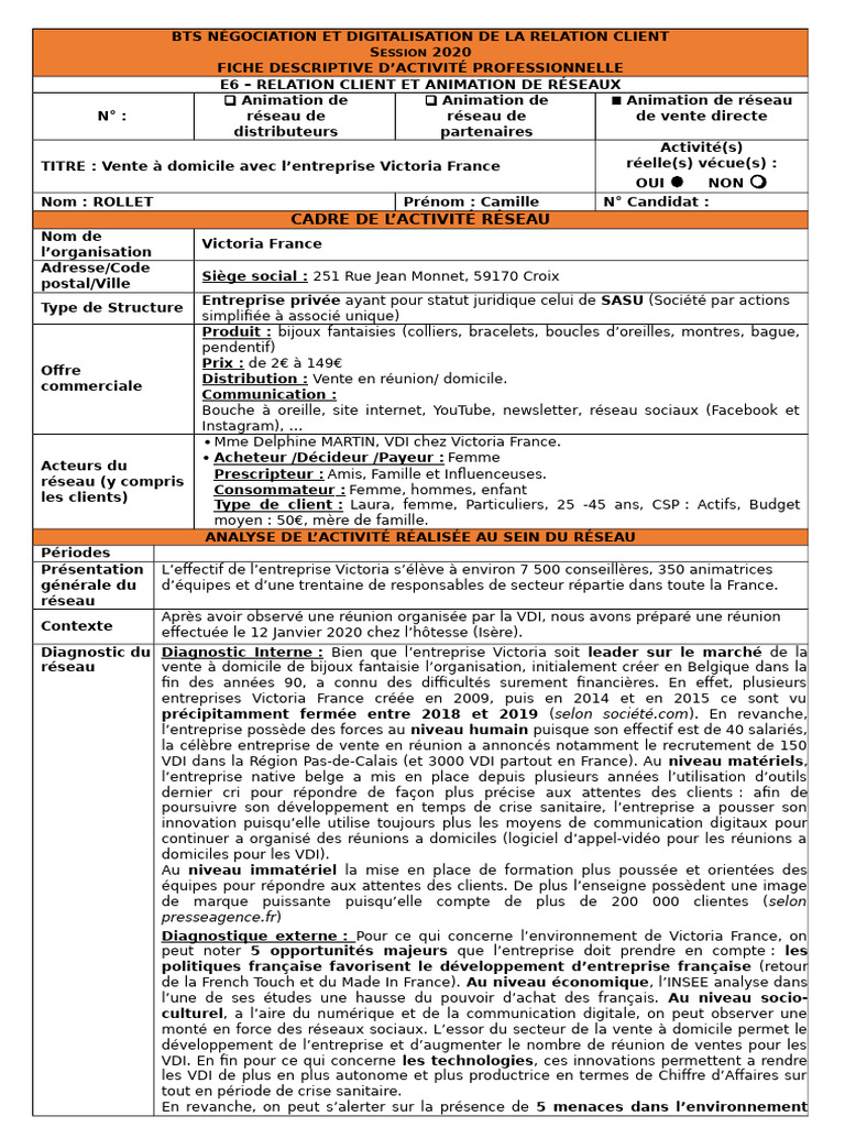 Fiche E6 - Reseau de Vente Direct | PDF | Business | France