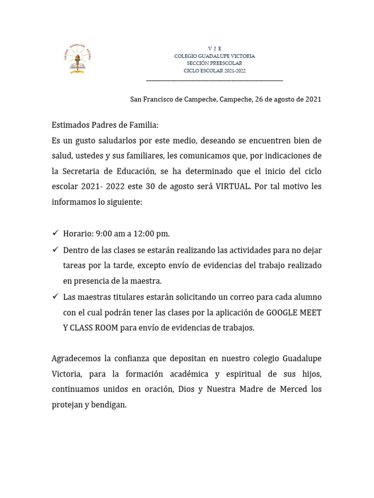 Aviso A Padres de Familia-Inicio de Clases | PDF