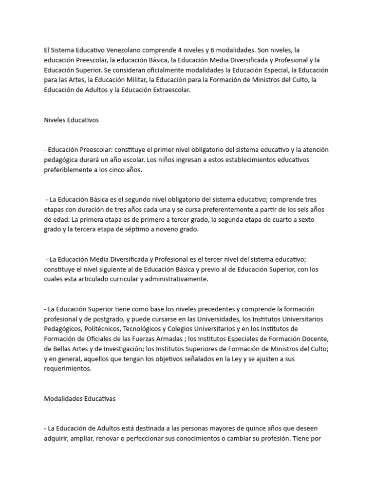 Niveles y modalidades educativas en Venezuela | PDF | Educación ...