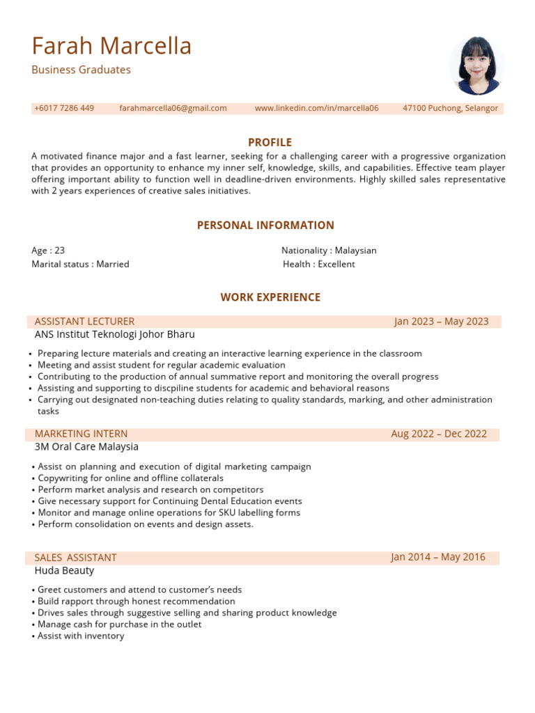 Farah Marcella Resume Compressed PDF | Download Free PDF | Sales | Learning