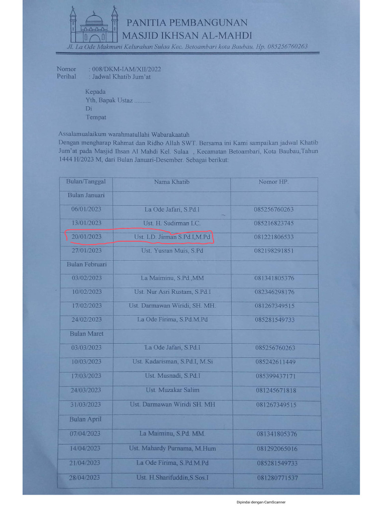 Jadwal Khatib 2023 Masjid Ihsan Al Mahdi Topa | PDF