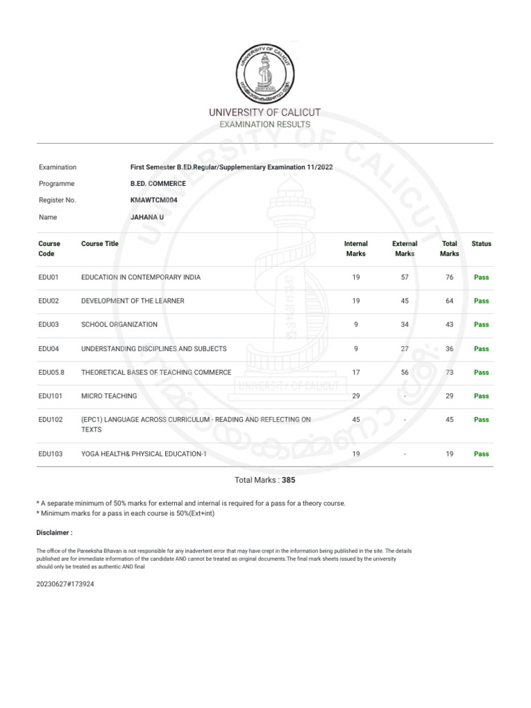 University of Calicut - Online Results | PDF | Learning