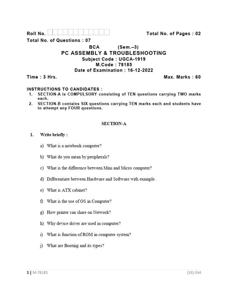 Bca 3 Sem PC Assembly and Troubleshooting 78185 Dec 2022 | PDF | Games & Activities