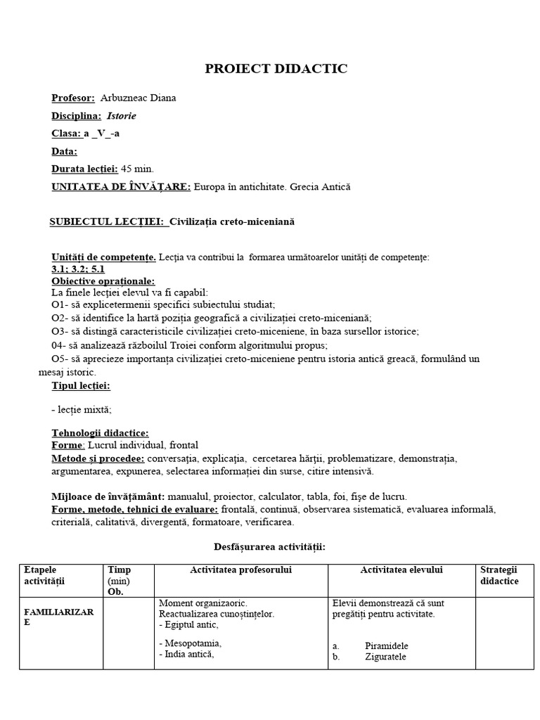 Civilizația Creto-Miceniană, Clasa 5 | PDF