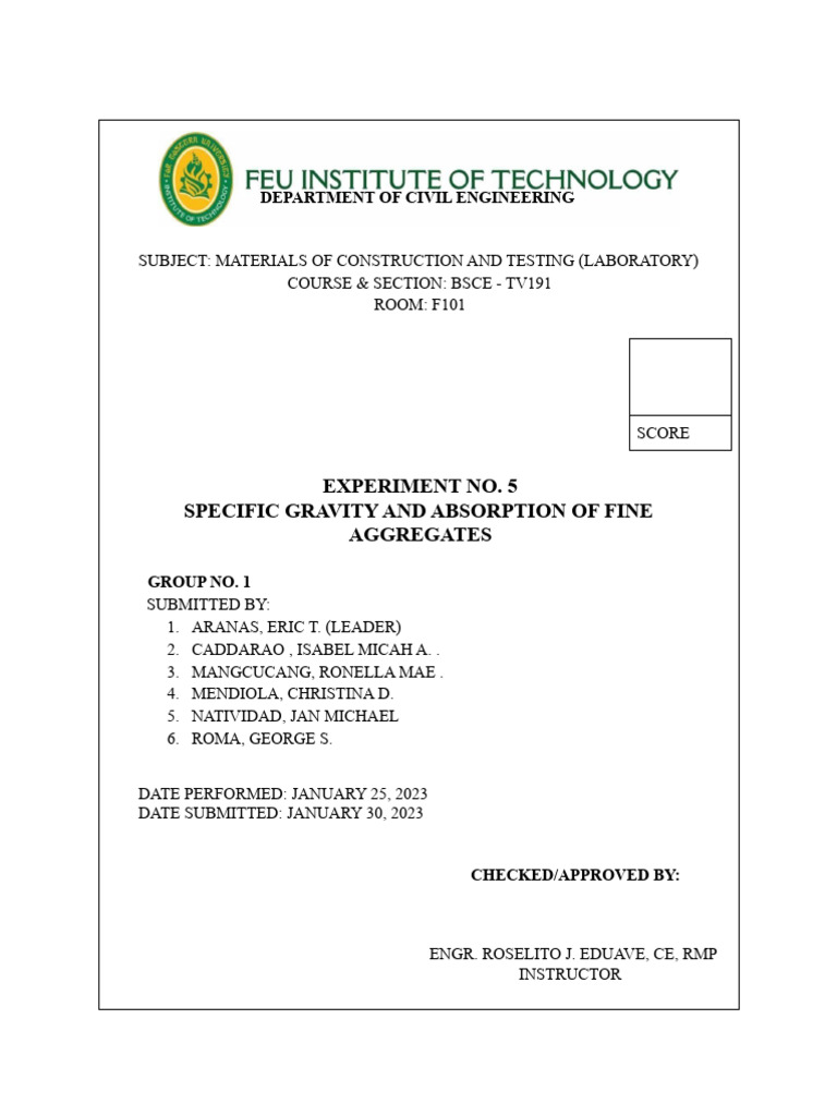 MATCON - Experiment 5 Group 1 | PDF | Construction Aggregate | Concrete