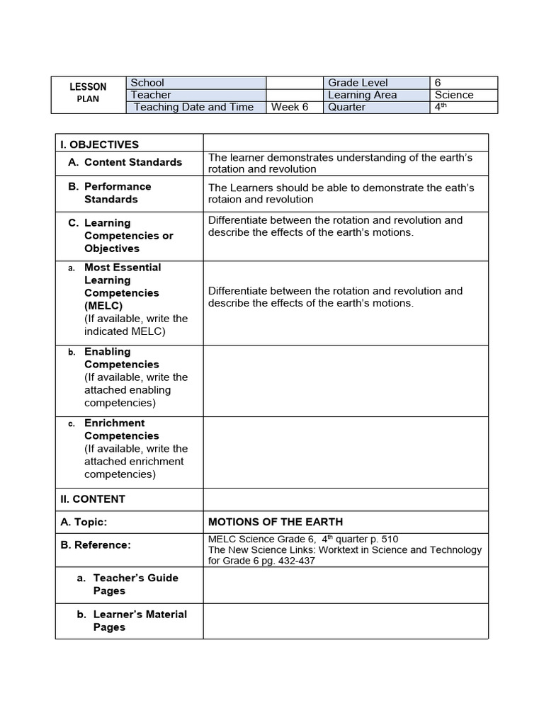 4th Quarter Lesson Plan SCIENCE 6 | PDF