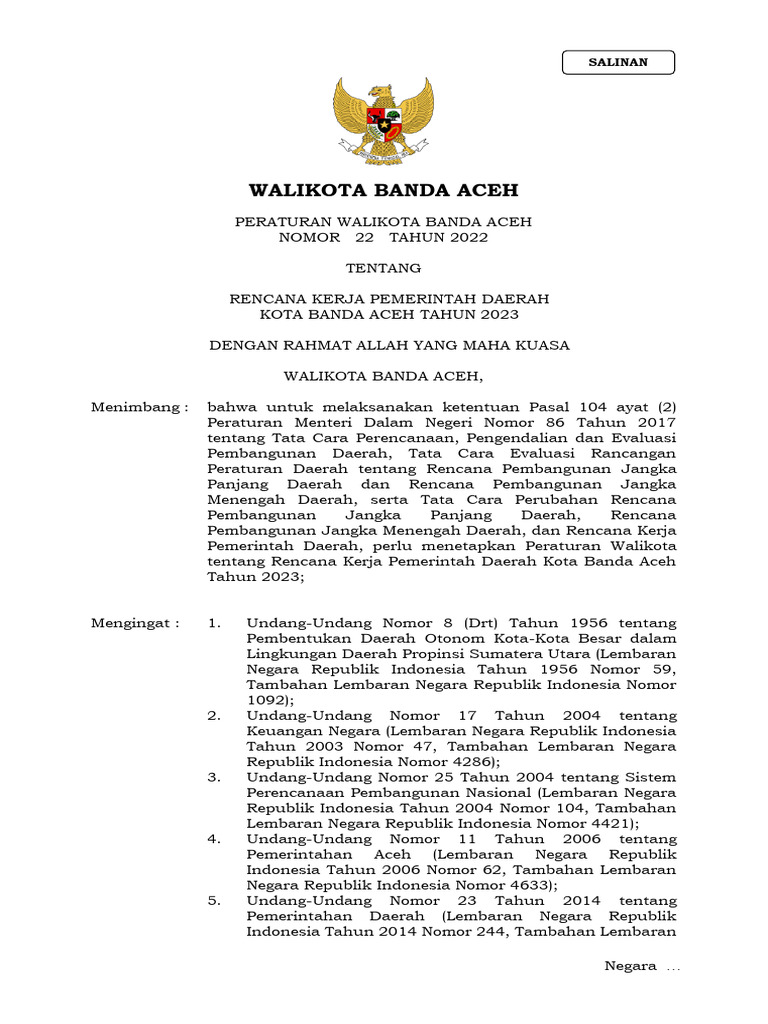 Perwal - NO - 22 - TAHUN - 2022 RKPD Banda Aceh 2023 | PDF
