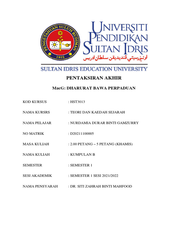 Pentaksiran Akhir (Teori Dan Kaedah Sejarah) Sem 1 | PDF