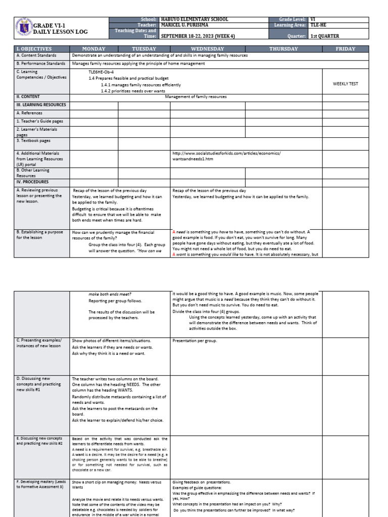 DLL - Tle-He 6 - Q1 - W4 | PDF | Learning | Cognitive Psychology