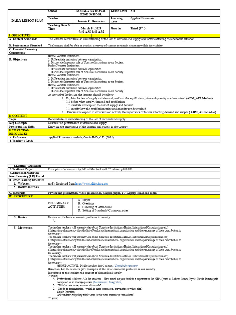 Daily Lesson Plan (Demonstrate An Understanding of The Law of Demand ...