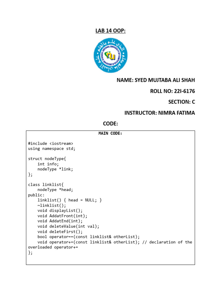 Lab 14 Oop Syed Mujtaba Ali Shah 22i 6176 C Pdf Models Of Computation Computer Science