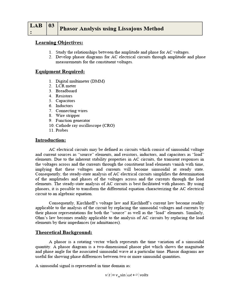 ENA FA23 Lab 04 - Phasor Analysis Using Lissajous Method - v2 | PDF | Electrical Network | Phase ...