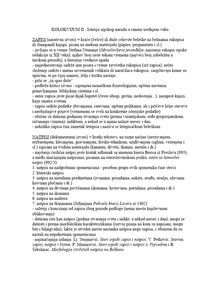 KOLOKVIJUM II - Srbi | PDF