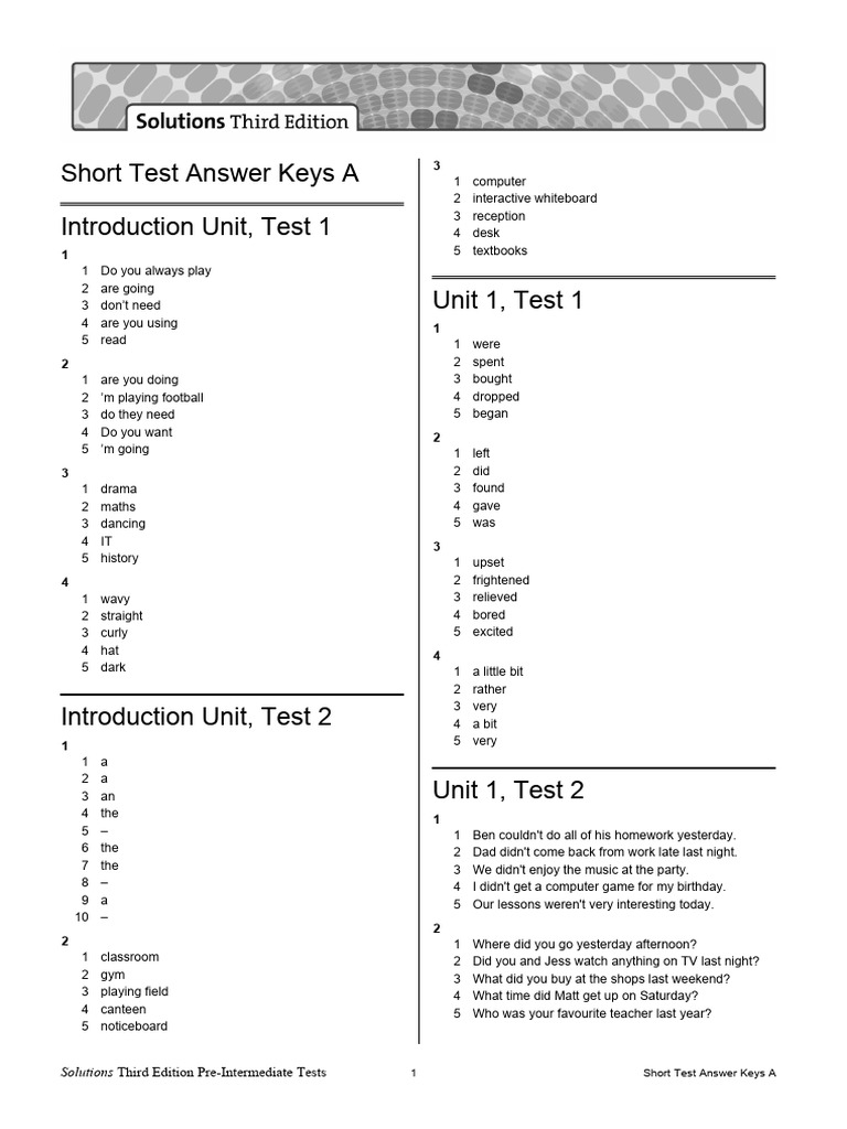Sol3e Preint Short Test Answer Keys A | PDF
